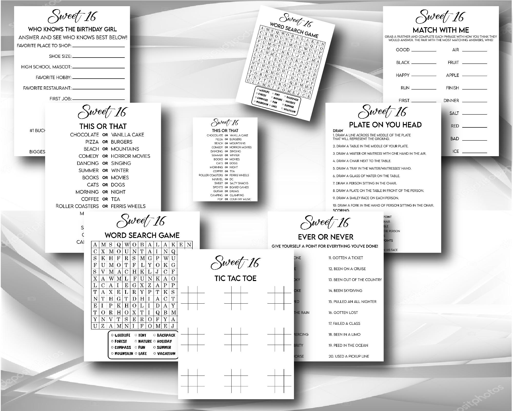 20 Sweet 16 Games Bundle, Sweet 16 Birthday Party, Sweet 16 Birthday ...