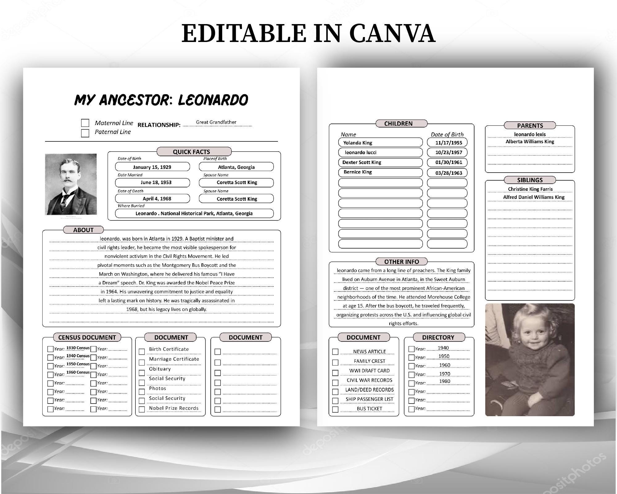 Ancestor Biography Profile Template, Genealogy Research, Genealogy Form ...
