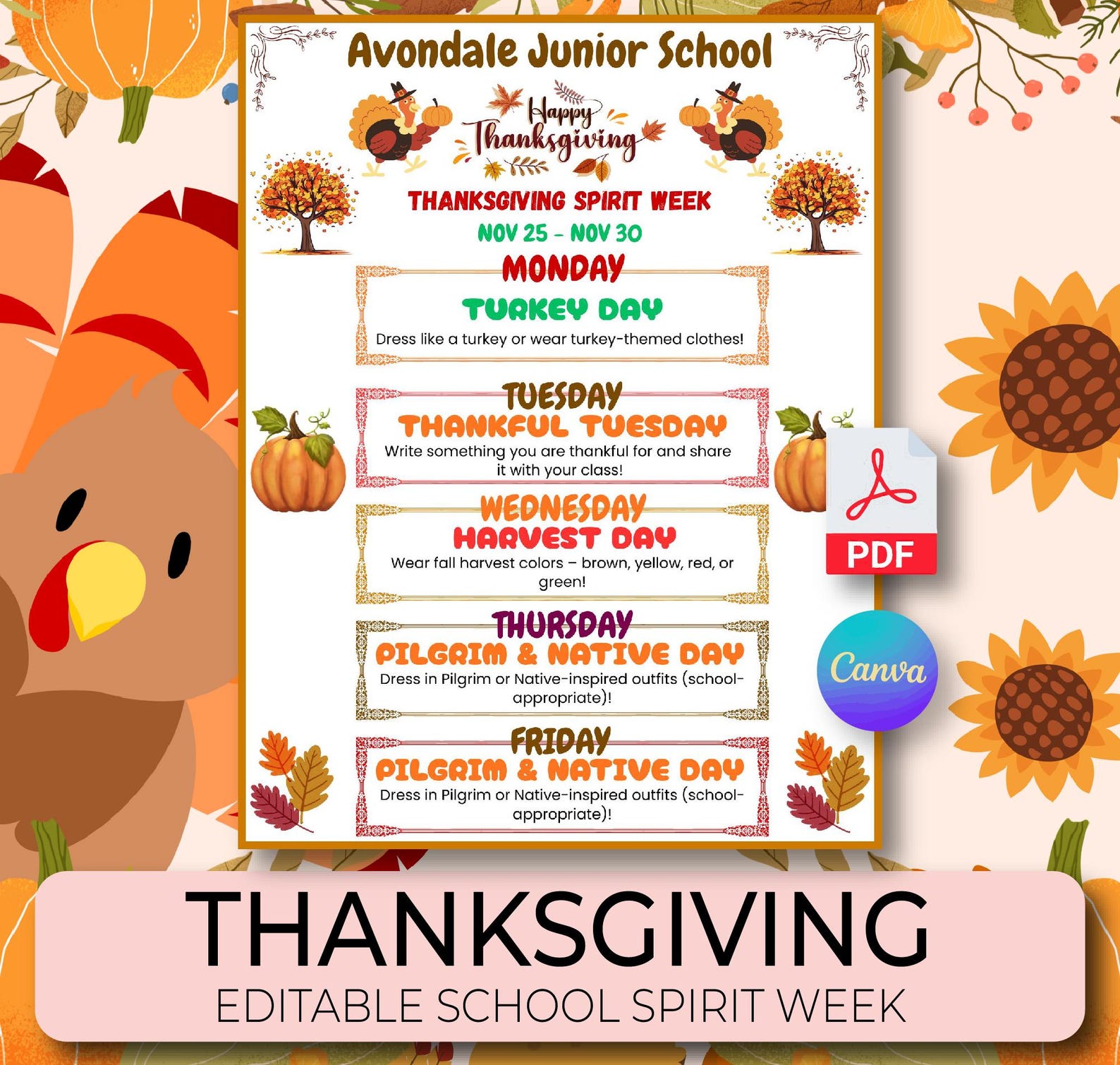 Editable Thanksgiving School Spirit Week Flyer, PTO Schedule Flyer ...