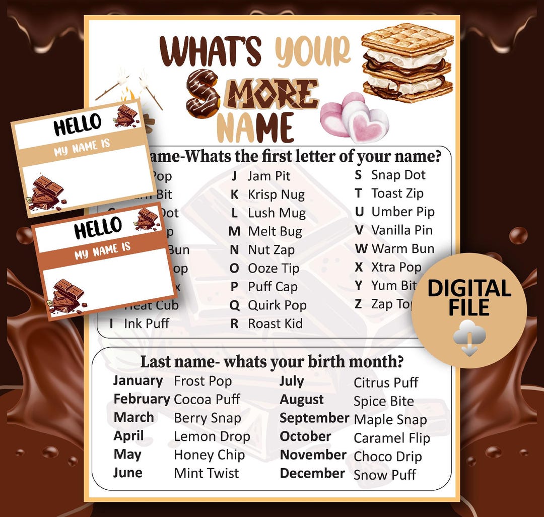 What's Your S'mores Name Game, Smores Party Game, Summer Camp Game ...