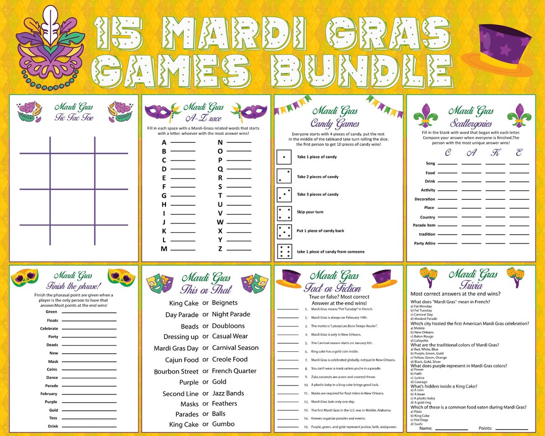 Mardi Gras Games Bundle, Carnival Games Bundle, Mardi Gras Party Games ...