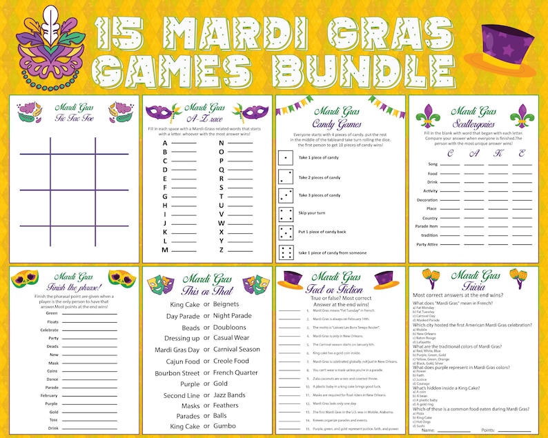 Mardi Gras Games Bundle, Carnival Games Bundle, Mardi Gras Party Games ...