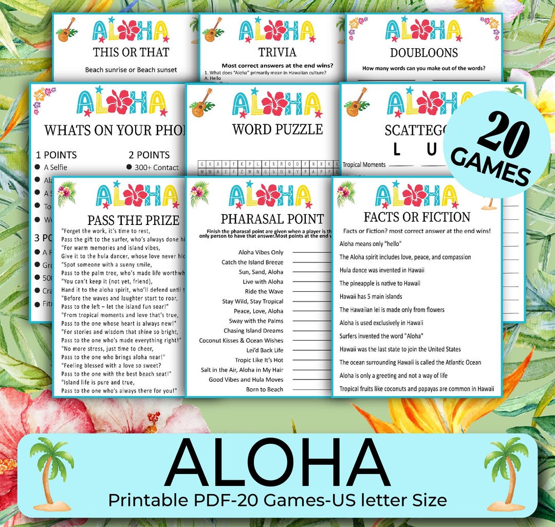 20 Aloha Party Games, Luau Games Bundle, Luau Party Games Hawaiian ...