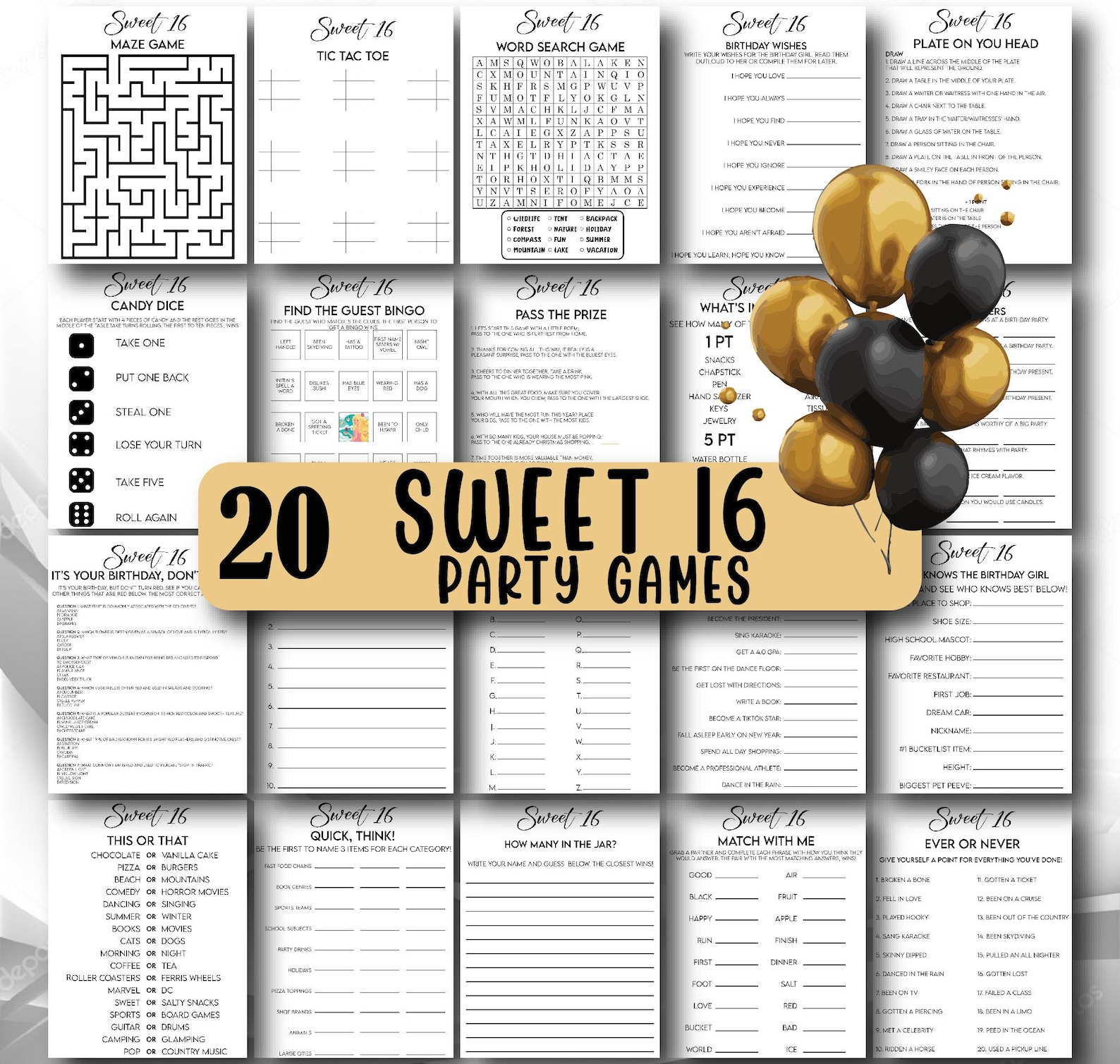 20 Sweet 16 Games Bundle, Sweet 16 Birthday Party, Sweet 16 Birthday ...