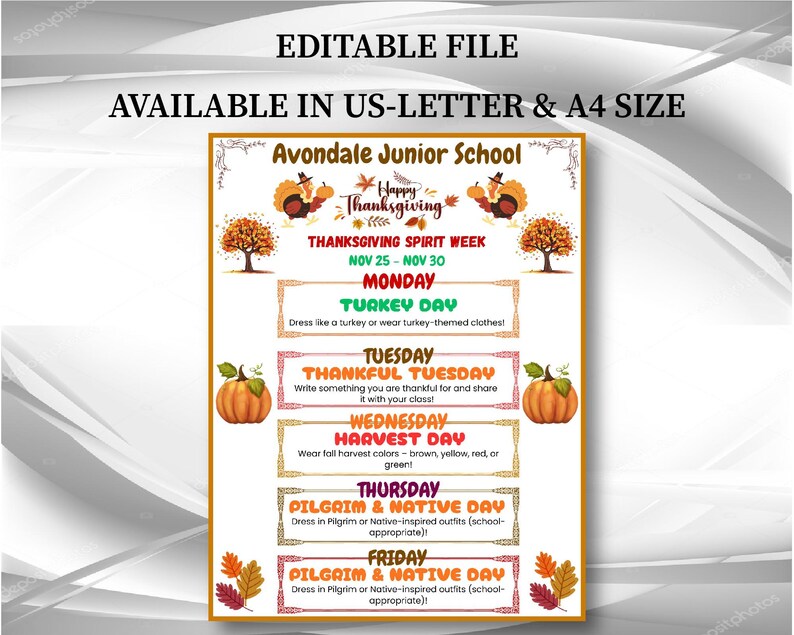 Editable Thanksgiving School Spirit Week Flyer, PTO Schedule Flyer ...