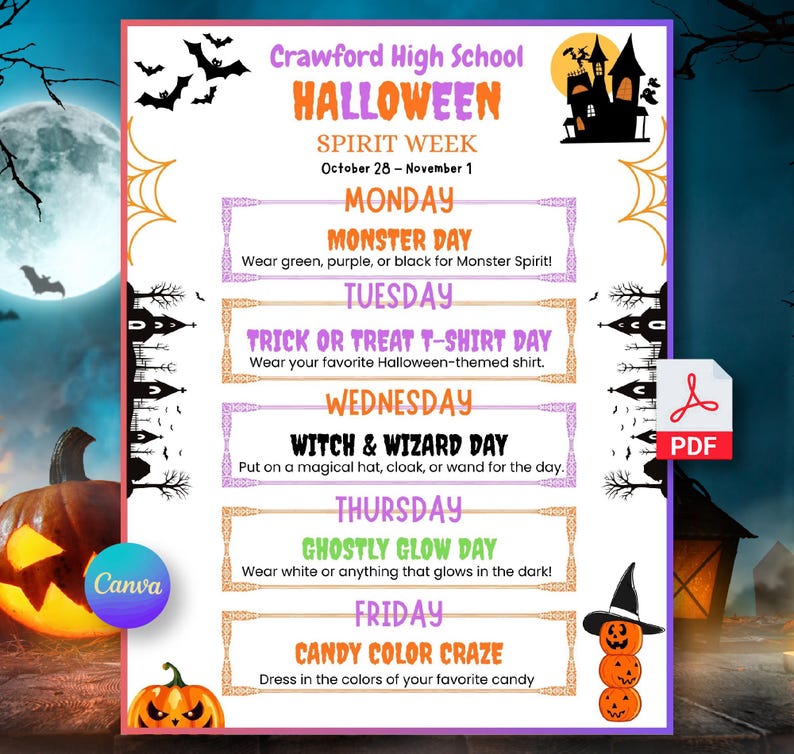 Editable Halloween School Spirit Week Flyer, PTO Schedule, October ...