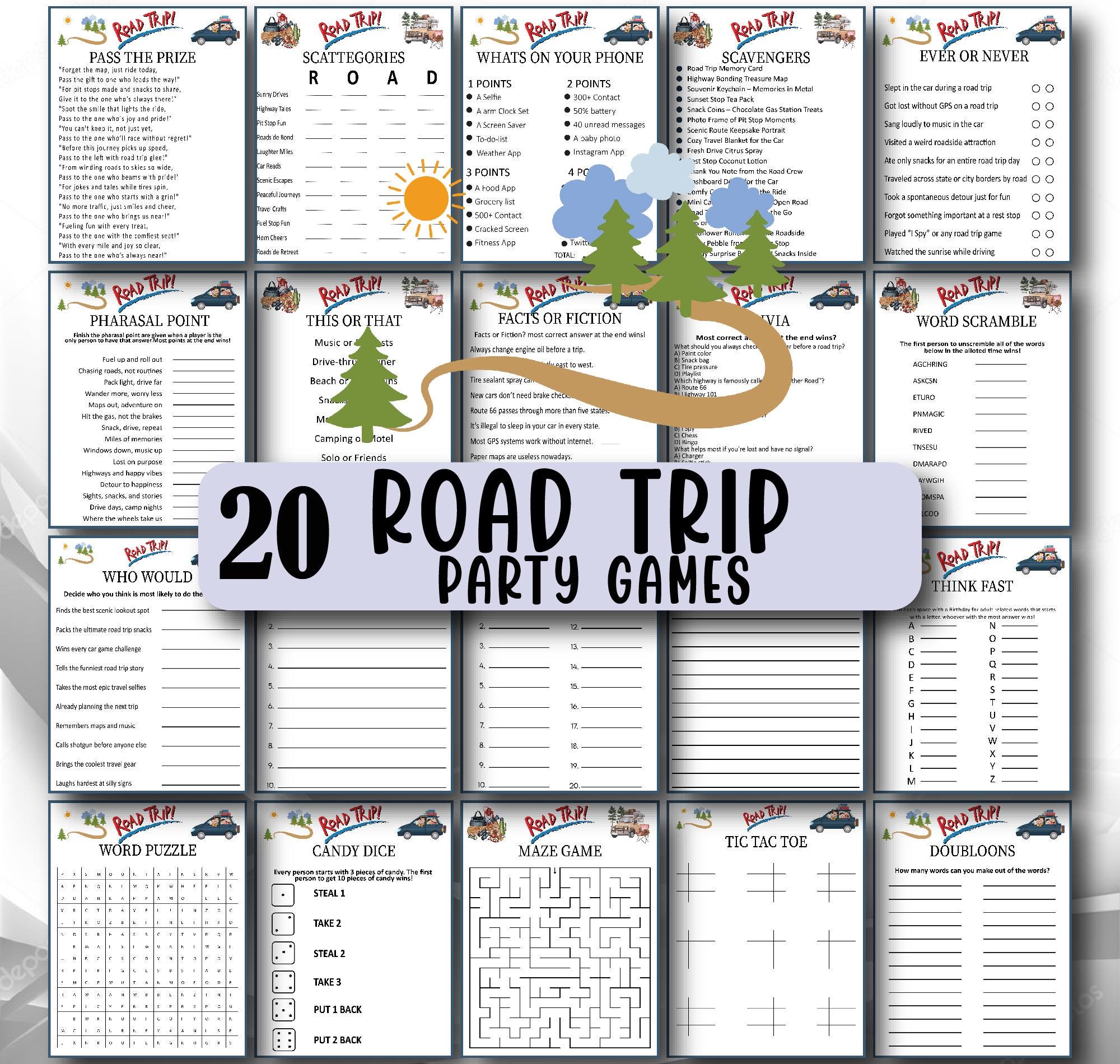 20 Road Trip Party Games, Travel Activities Pack, Road Trip Games ...