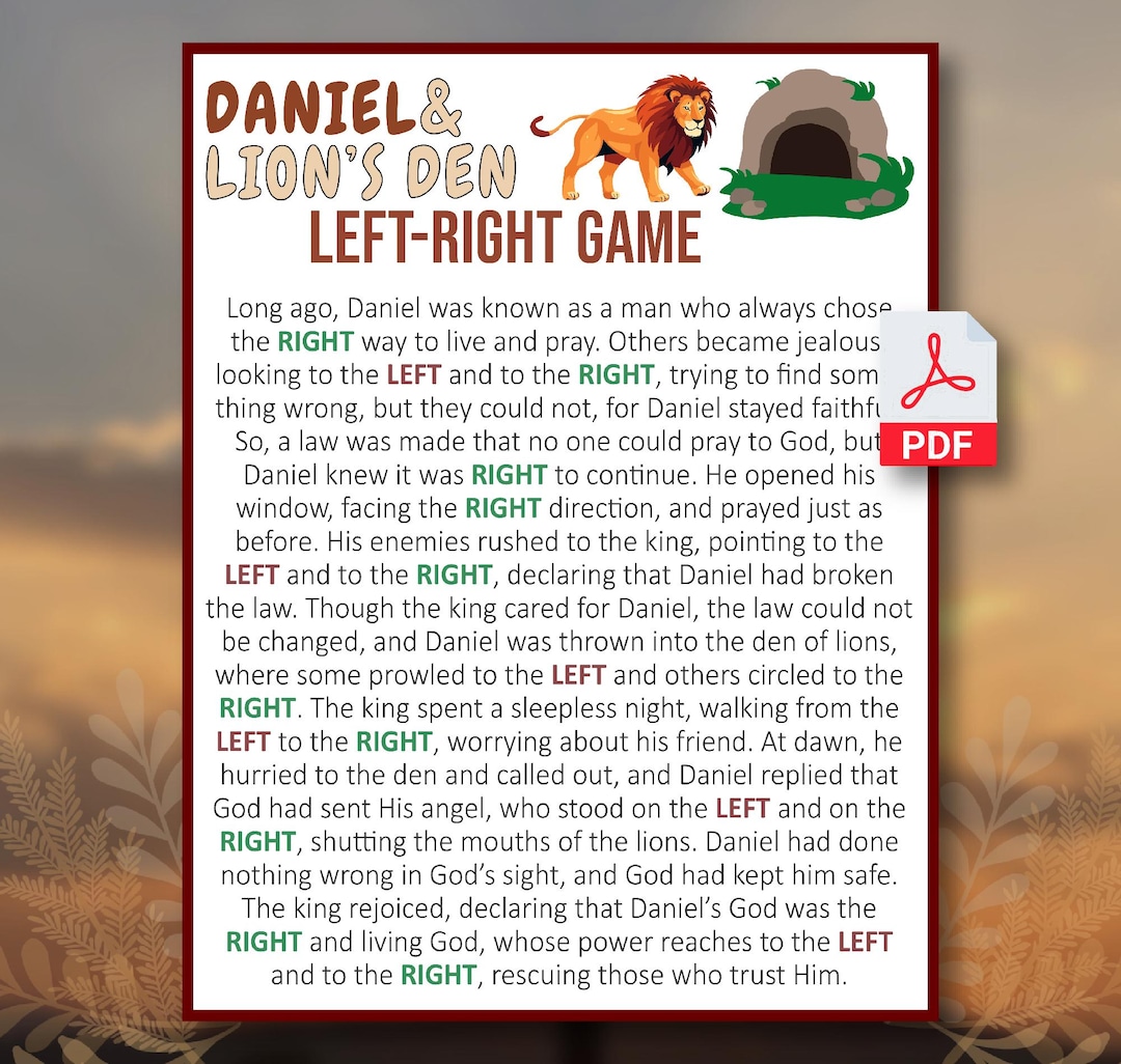 Bible Left Right Game Party Game, Daniel in the Lions Den, Daniel Lion ...