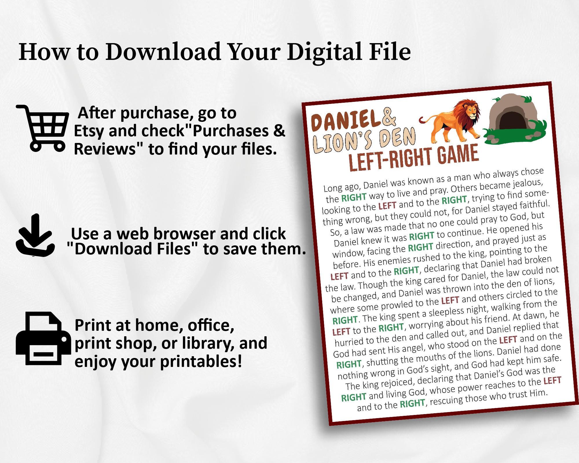 Bible Left Right Game Party Game, Daniel in the Lions Den, Daniel Lion ...