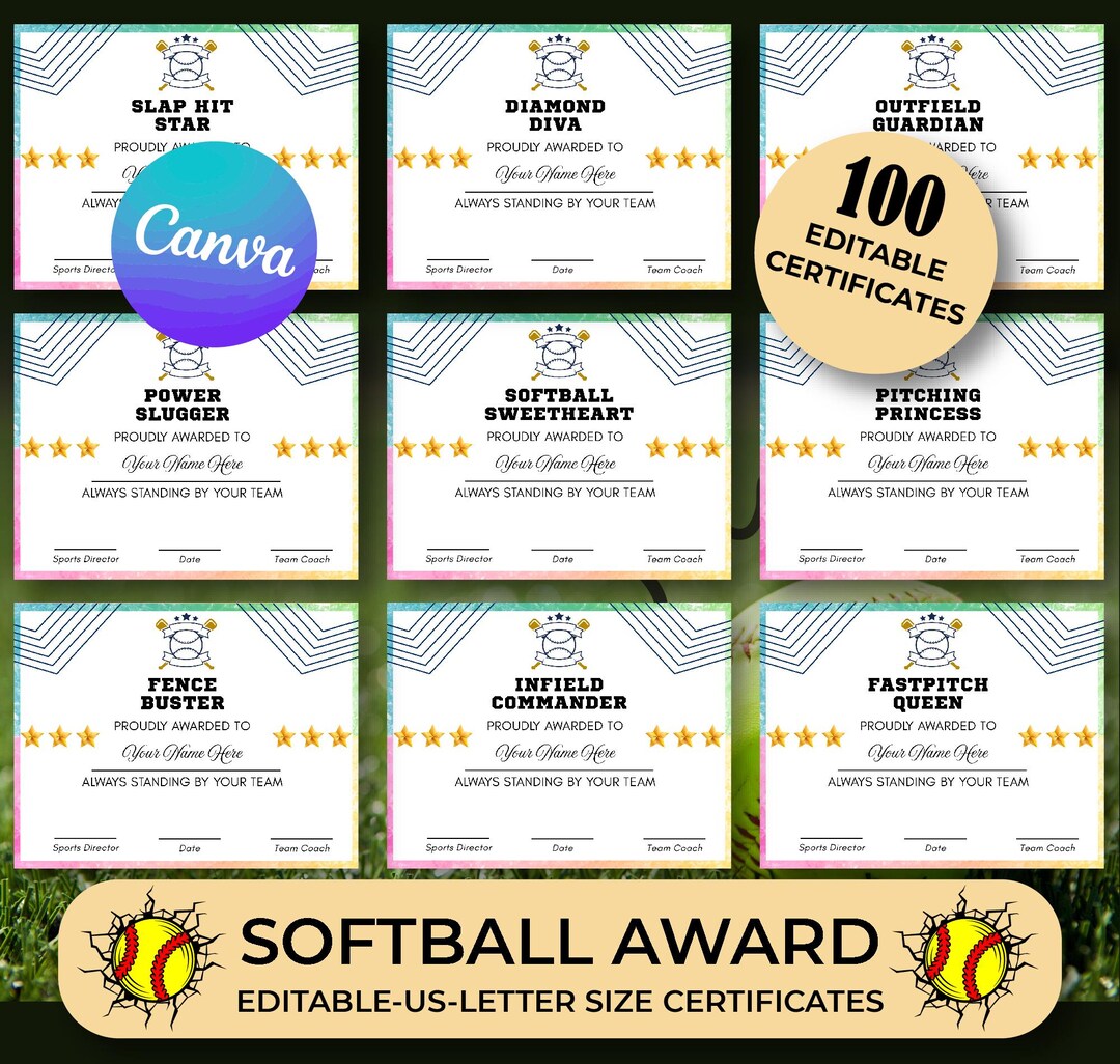 100 Editable Softball Certificate Award, Softball Award Sports ...