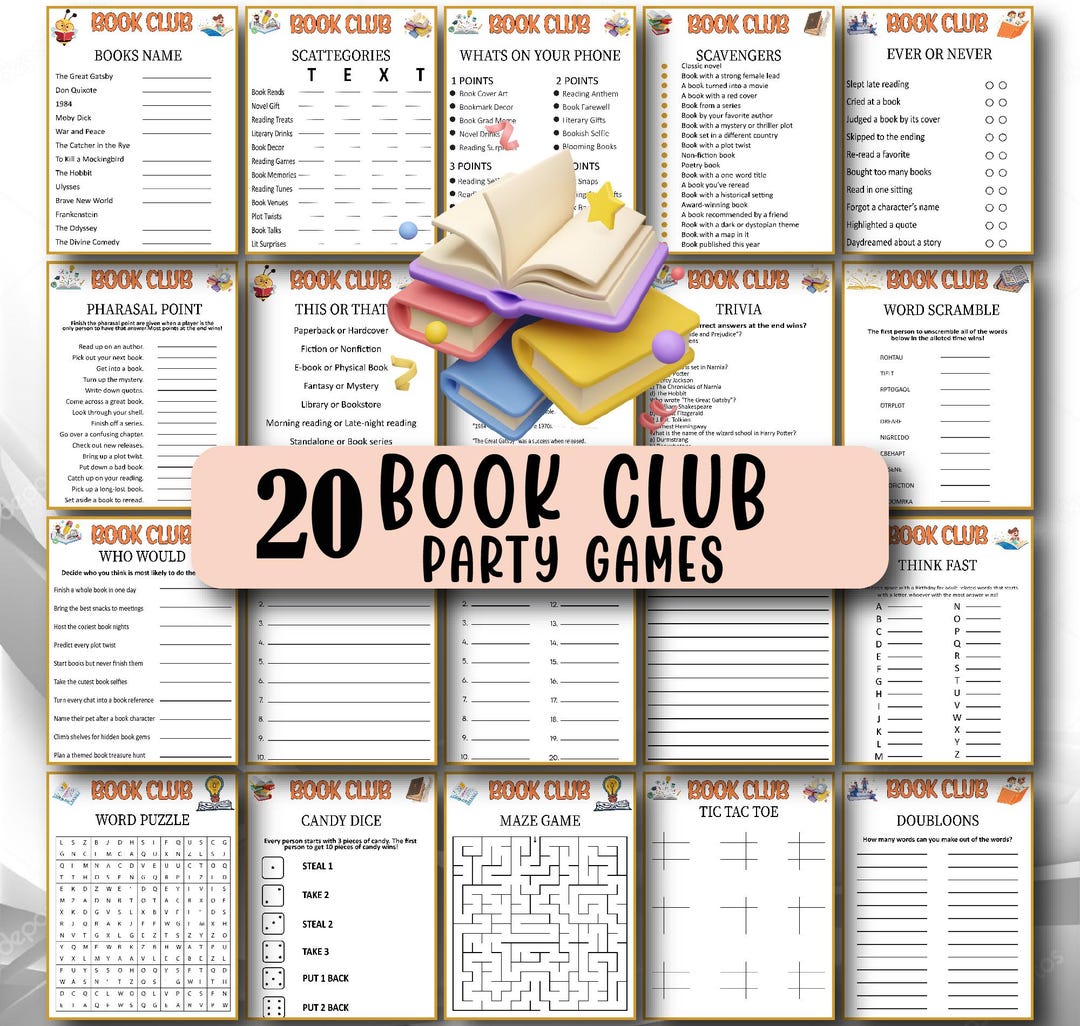 20 Book Club Game Bundle, Reading Group Activities, Book Club Party ...