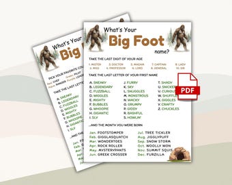 What's Your Bigfoot Name Game, Printable Bigfoot Party Game, Birthday ...