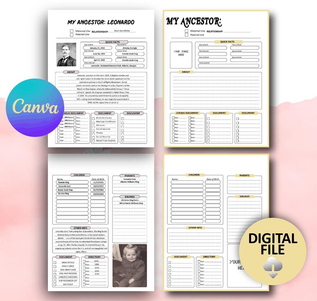 Ancestor Biography Profile Template, Genealogy Research, Genealogy Form ...