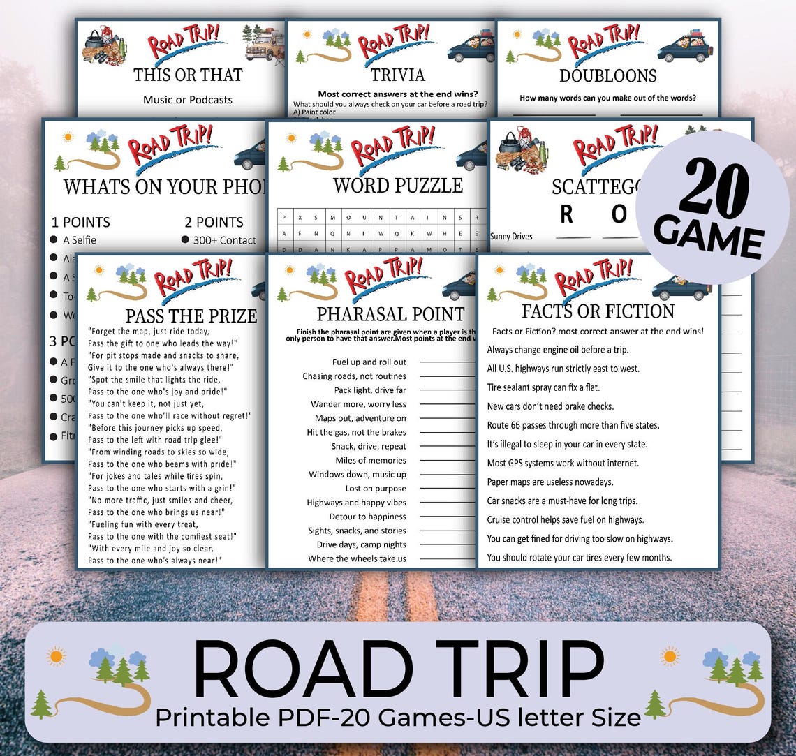 20 Road Trip Party Games, Road Trip Games Bundle, Family Road Trip ...
