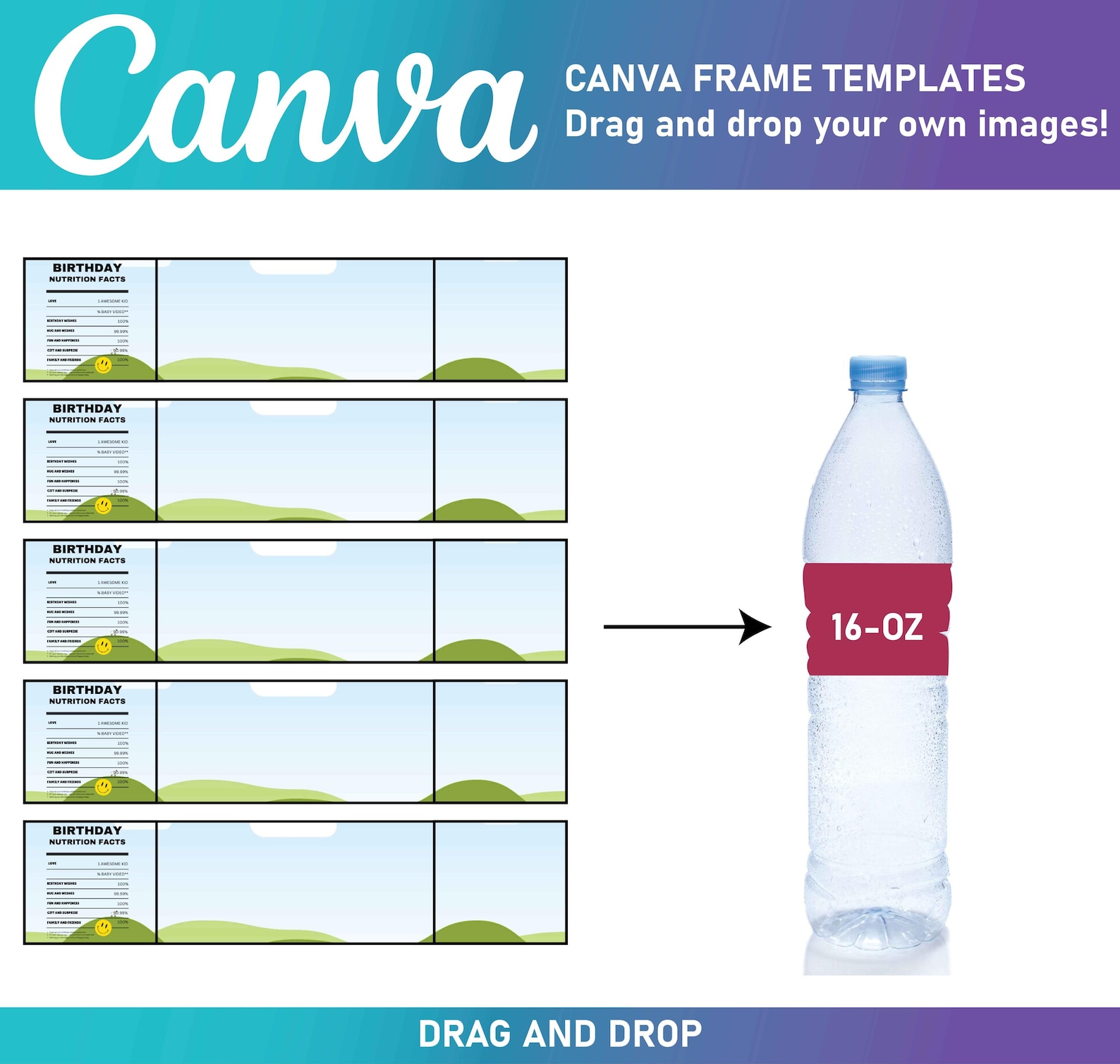 16 Oz Water Bottle Template, DIY Label Template, Canva Editable Design ...
