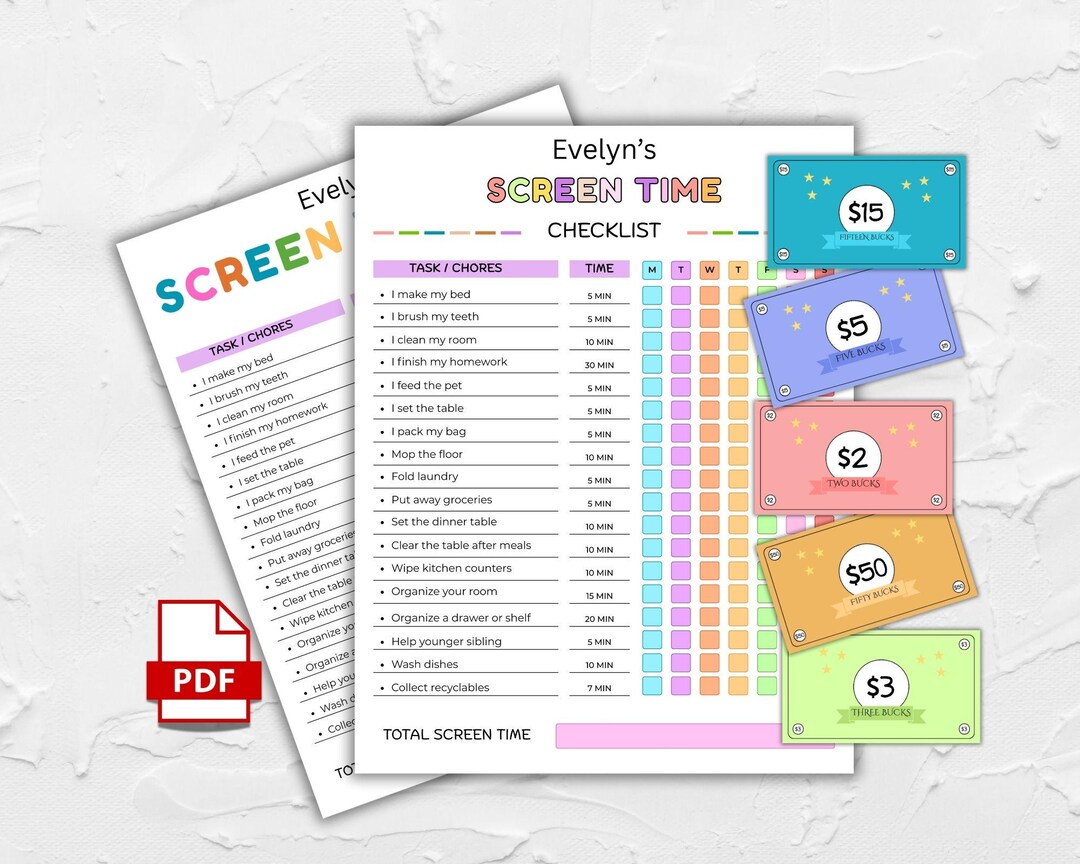 Screen Time Tracker, Screen Time Chore Chart, Earn Screen Time Pdf ...