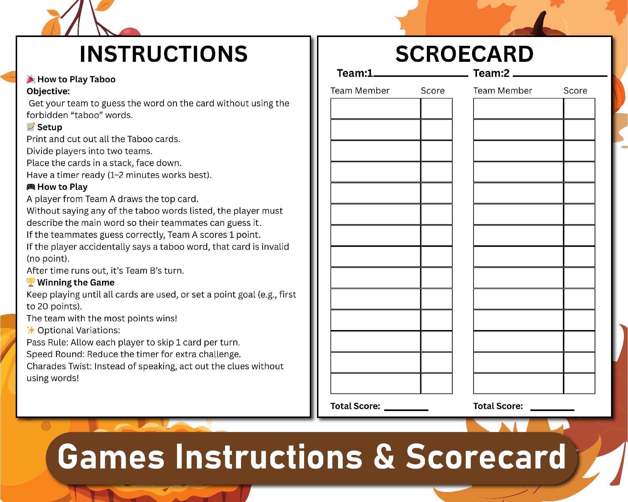 Printable Thanksgiving Family Game, Thanksgiving Taboo Game Cards ...
