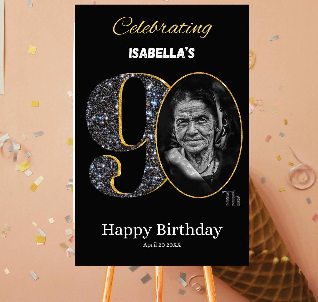 Black and Gold 90th Birthday Welcome Sign Template, Look Who's 90 ...