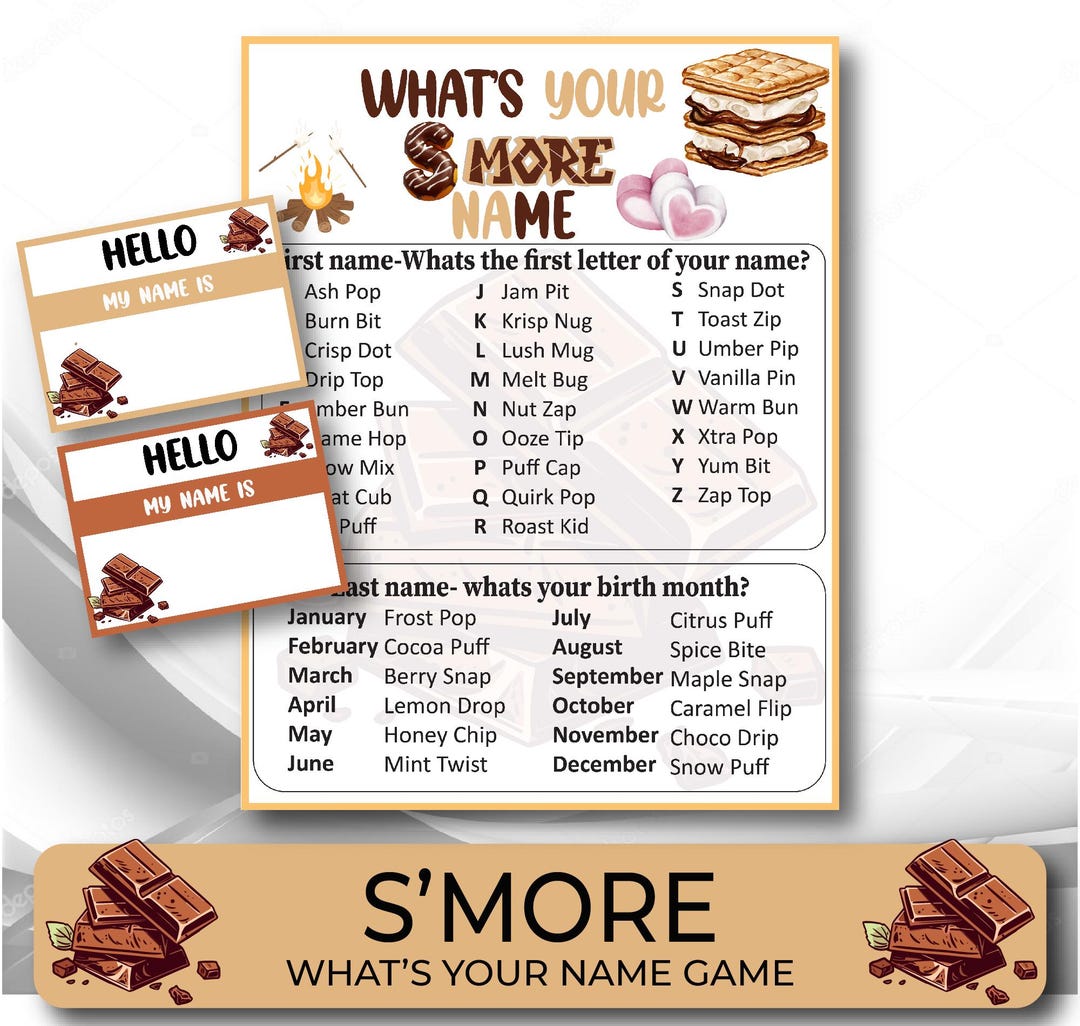 What's Your S'mores Name Game, Smores Party Game, Camping Birthday ...