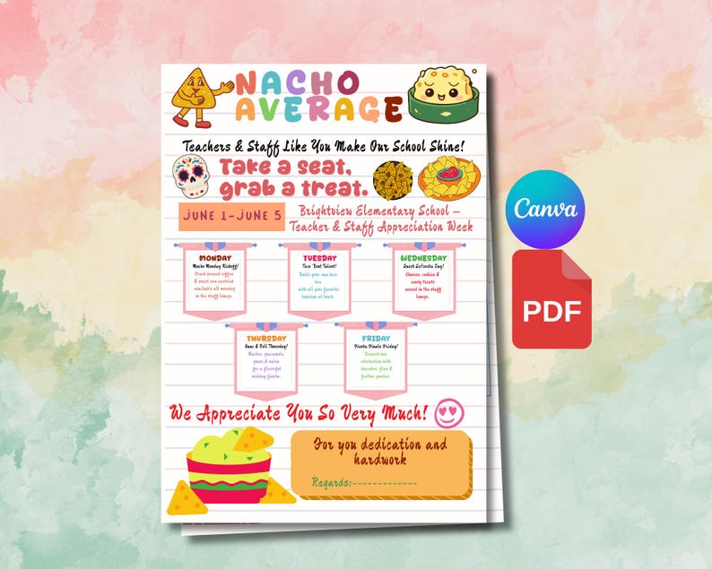 Nacho Average Teacher Appreciation Week Itinerary Poster, Mexican ...
