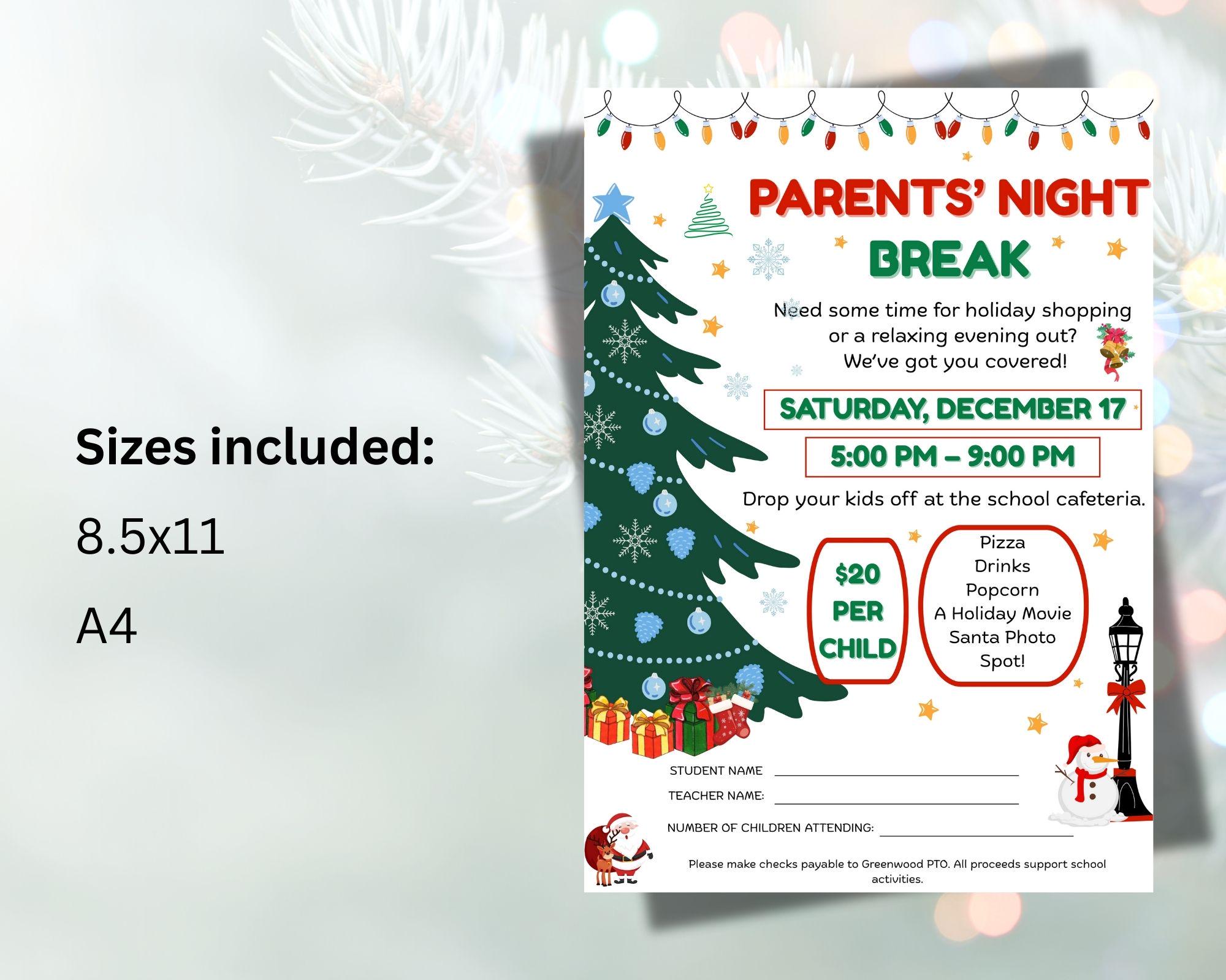 Christmas Parents Night Out Flyer, Editable Church School PTO, Holiday ...