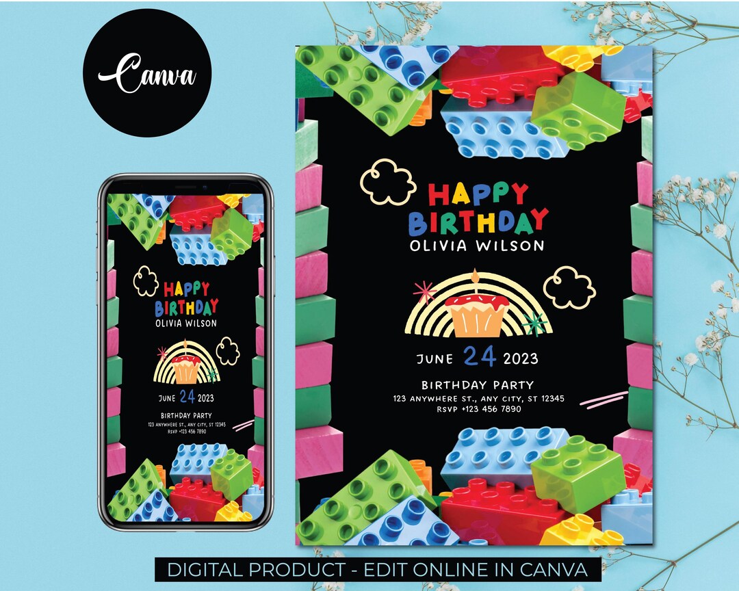 Printable Building Blocks Birthday Invitation, Bricks Invite, Building ...