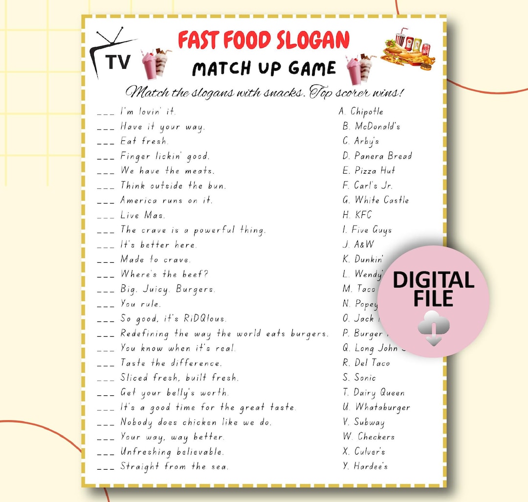 Fast Food Slogan Trivia Game, TV Commercial Slogan Trivia Game, Family ...
