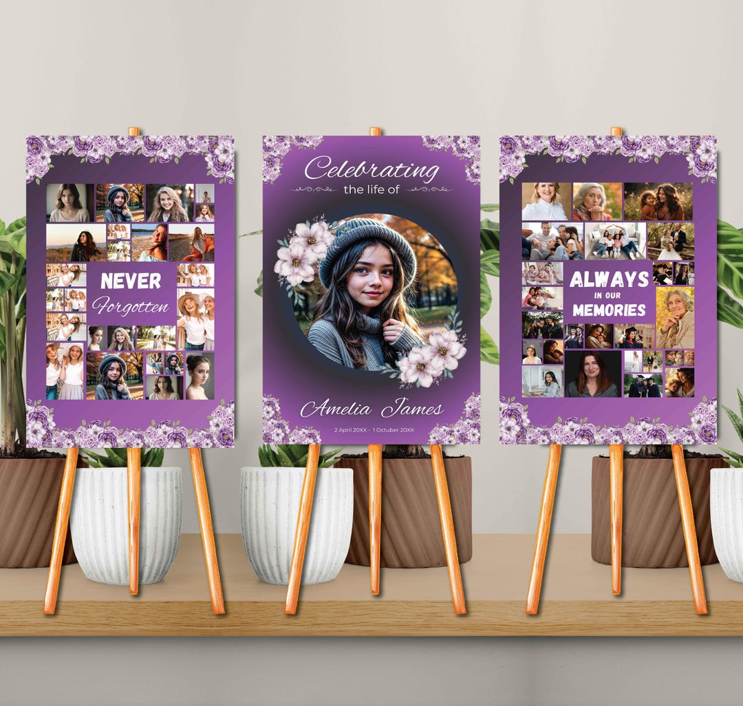 Purple Floral Funeral Photo Collage Sign Template Set, Funeral Welcome ...