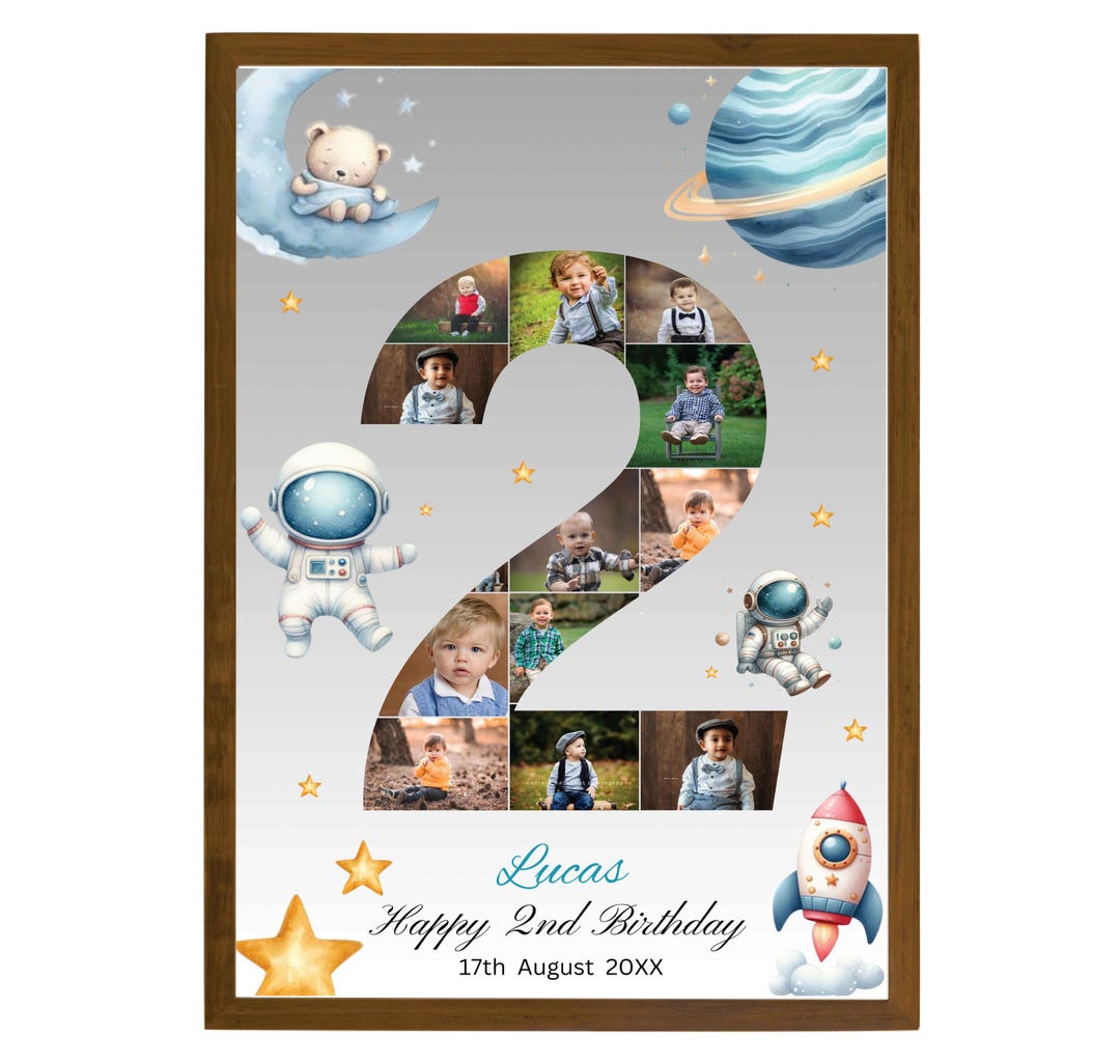 Space Birthday Number 2 Photo Collage, Editable 2nd Birthday Poster ...