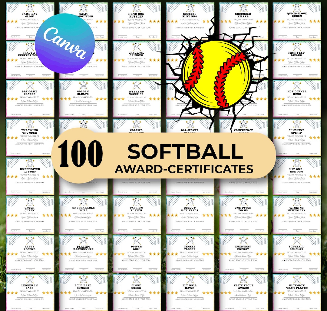 100 Editable Softball Certificate Award, Softball Awards Superlative ...