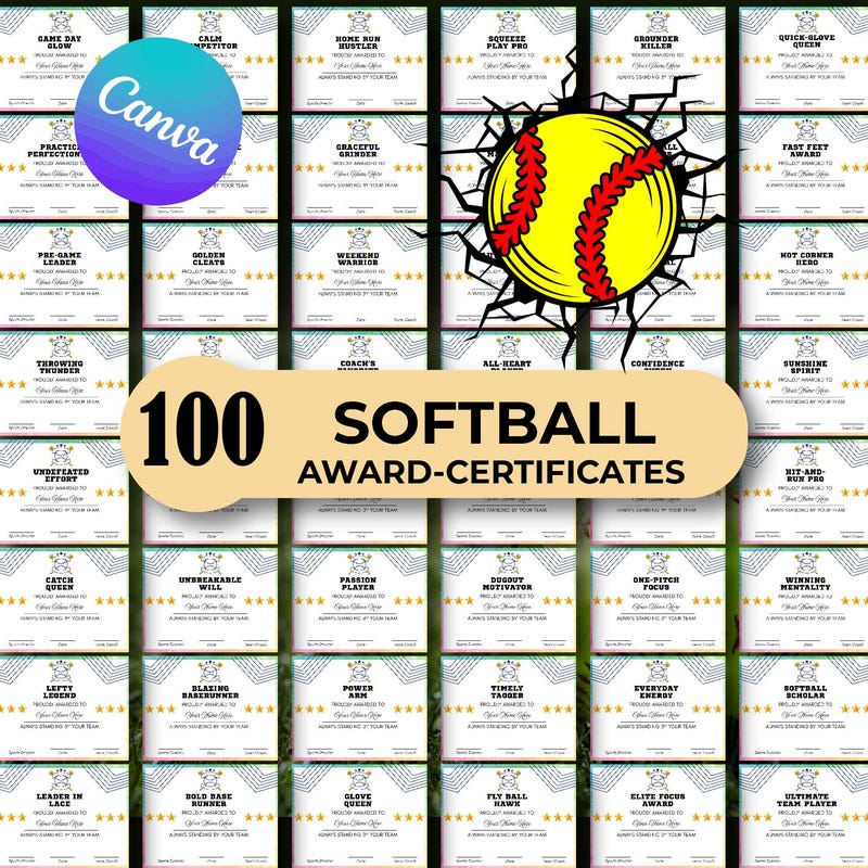 Softball Award Template - Etsy