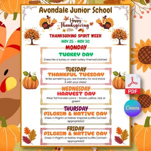 Editable Thanksgiving School Spirit Week Flyer, PTO Schedule Flyer ...