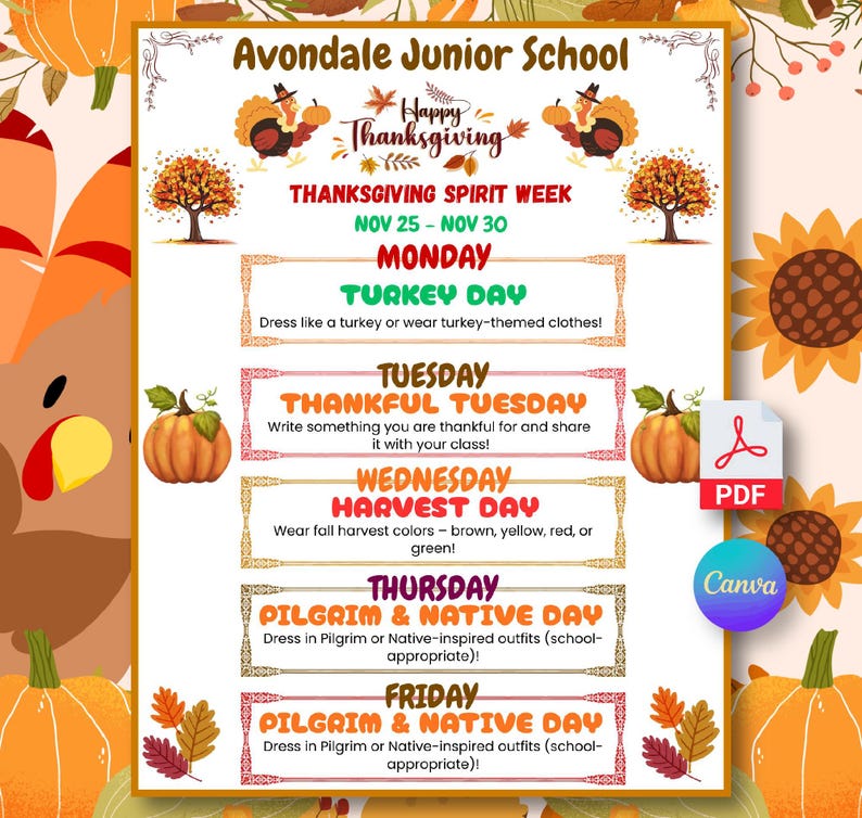 Editable Thanksgiving School Spirit Week Flyer, PTO Schedule Flyer ...