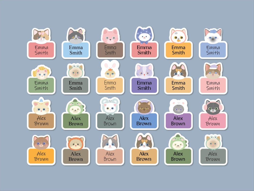 Daycare Name Label, Laminated Name Sticker, Waterproof Cute Kitten ...