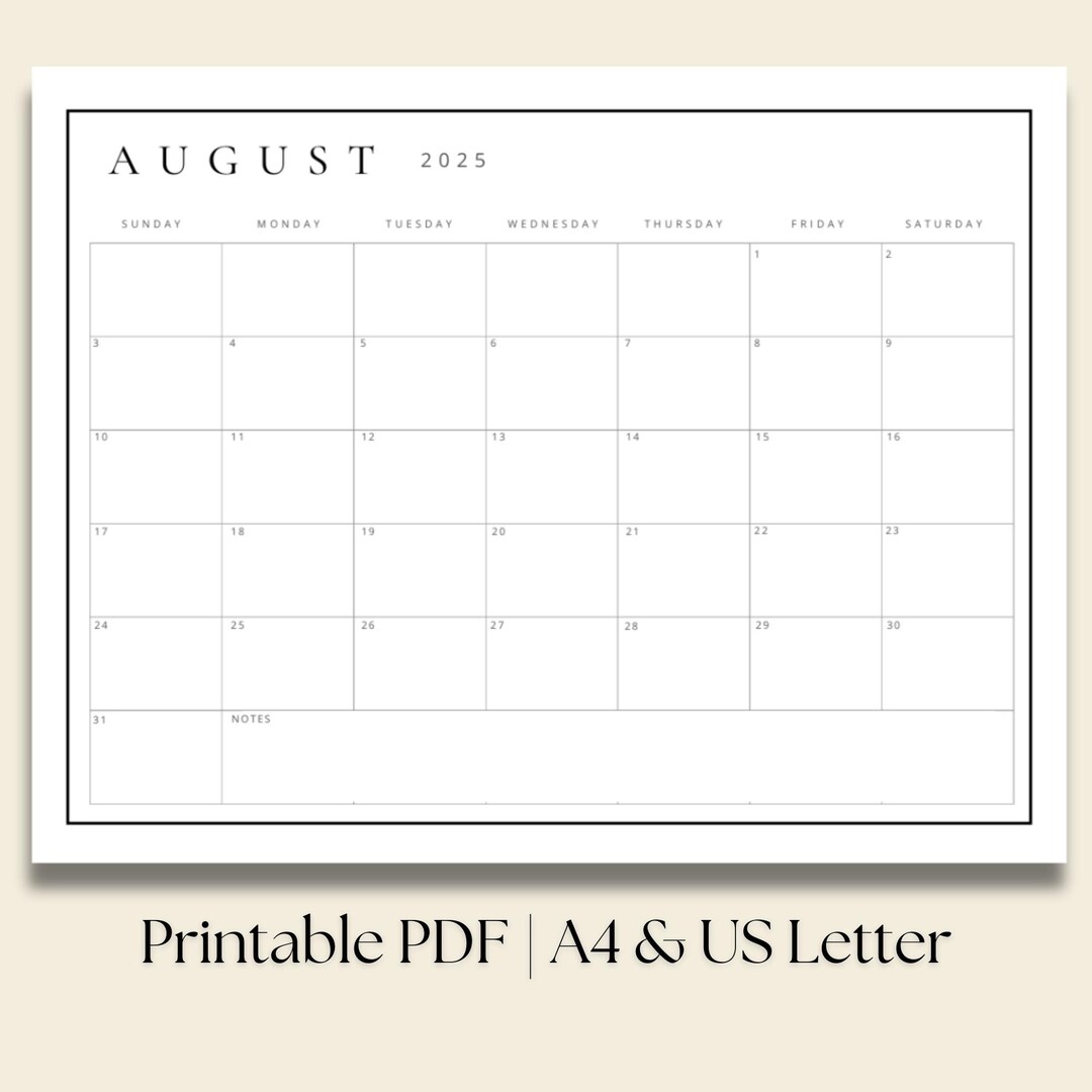 Printable August 2025 Calendar, Minimal Blank Summer Planner Monthly ...