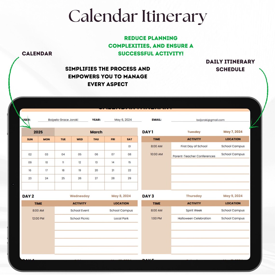 Calendar Itinerary Spreadsheet | Time Blocking Planner | Excel Dashboard Template | Google ...