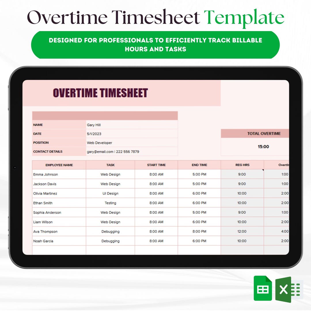 Overtime Time-sheet Spreadsheet | Time Blocking Planner | Excel Dashboard Template | Google ...