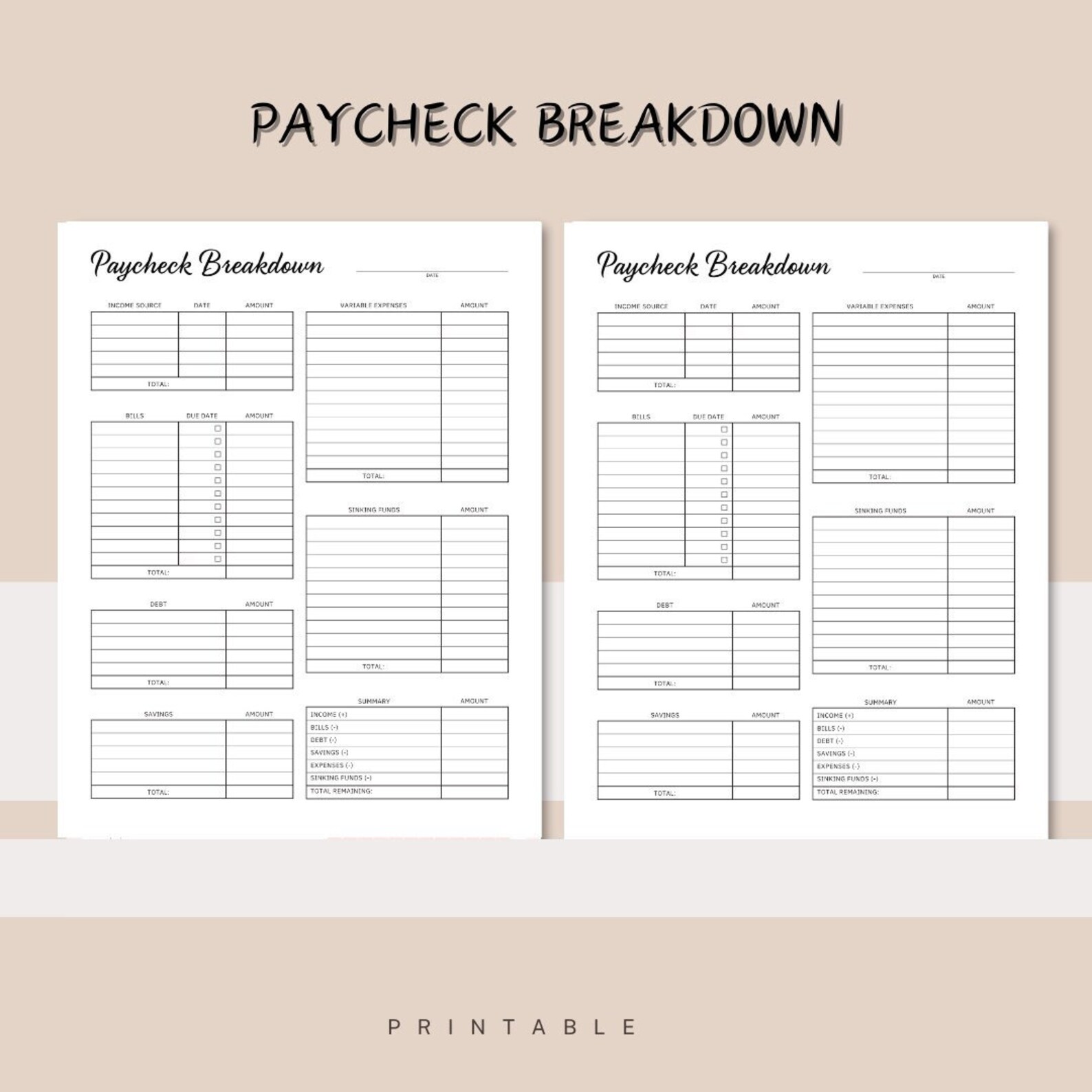 Paycheck Breakdown Budget Planner Organizer Financial Tracker Money ...