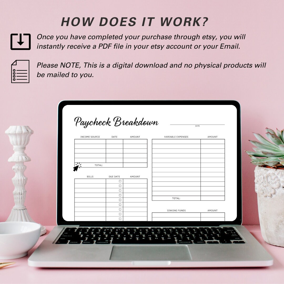 Paycheck Breakdown Budget Planner Organizer Financial Tracker Money ...