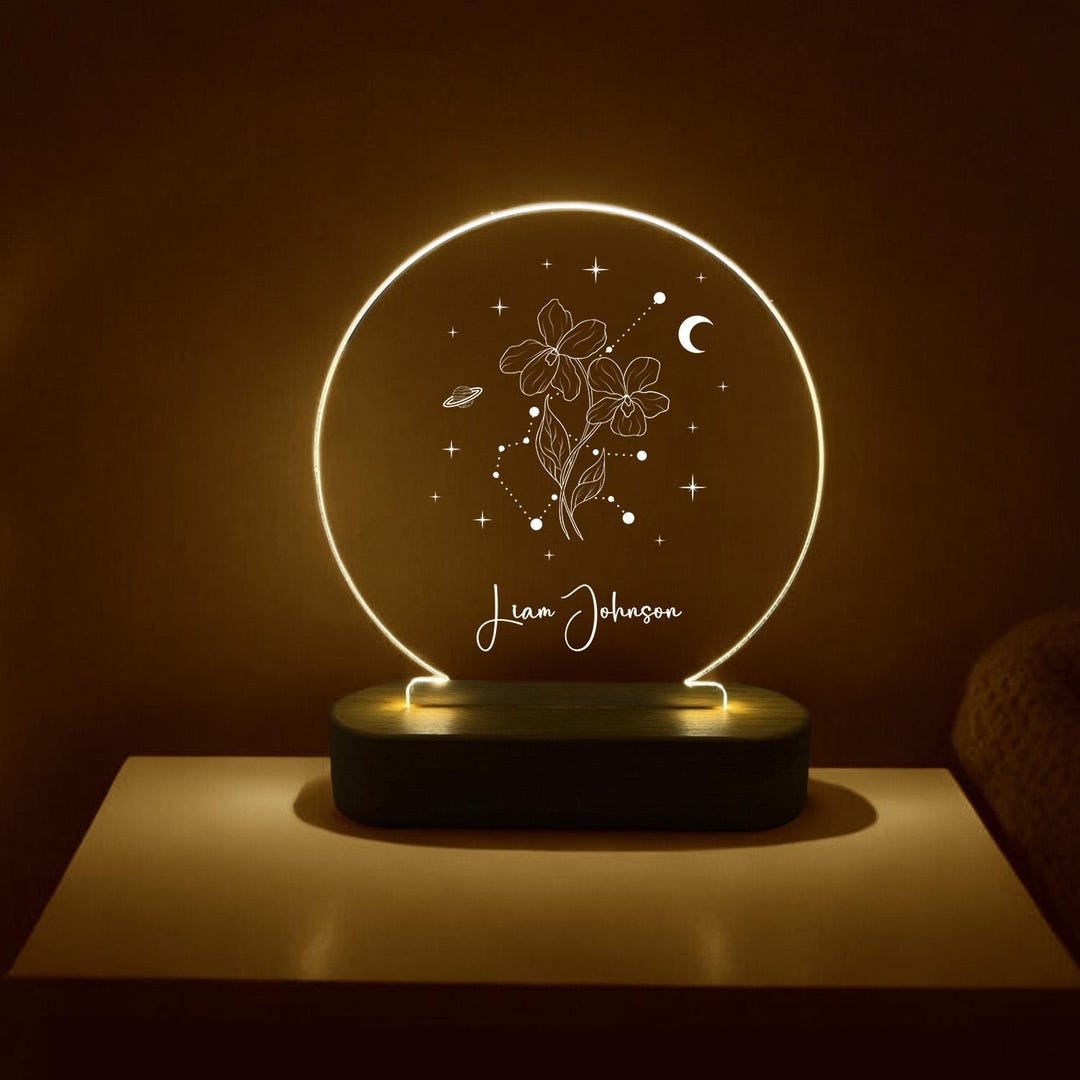 Romantic Violet Round LED Light, Personalized Flower Night Lamp, Custom ...