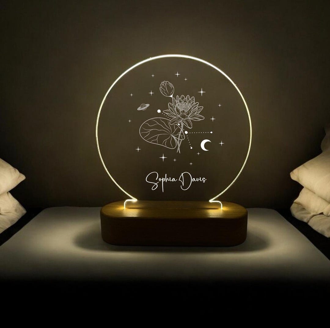 Water Lily Flower LED Light, Personalized Floral Keepsake Lamp, Elegant ...