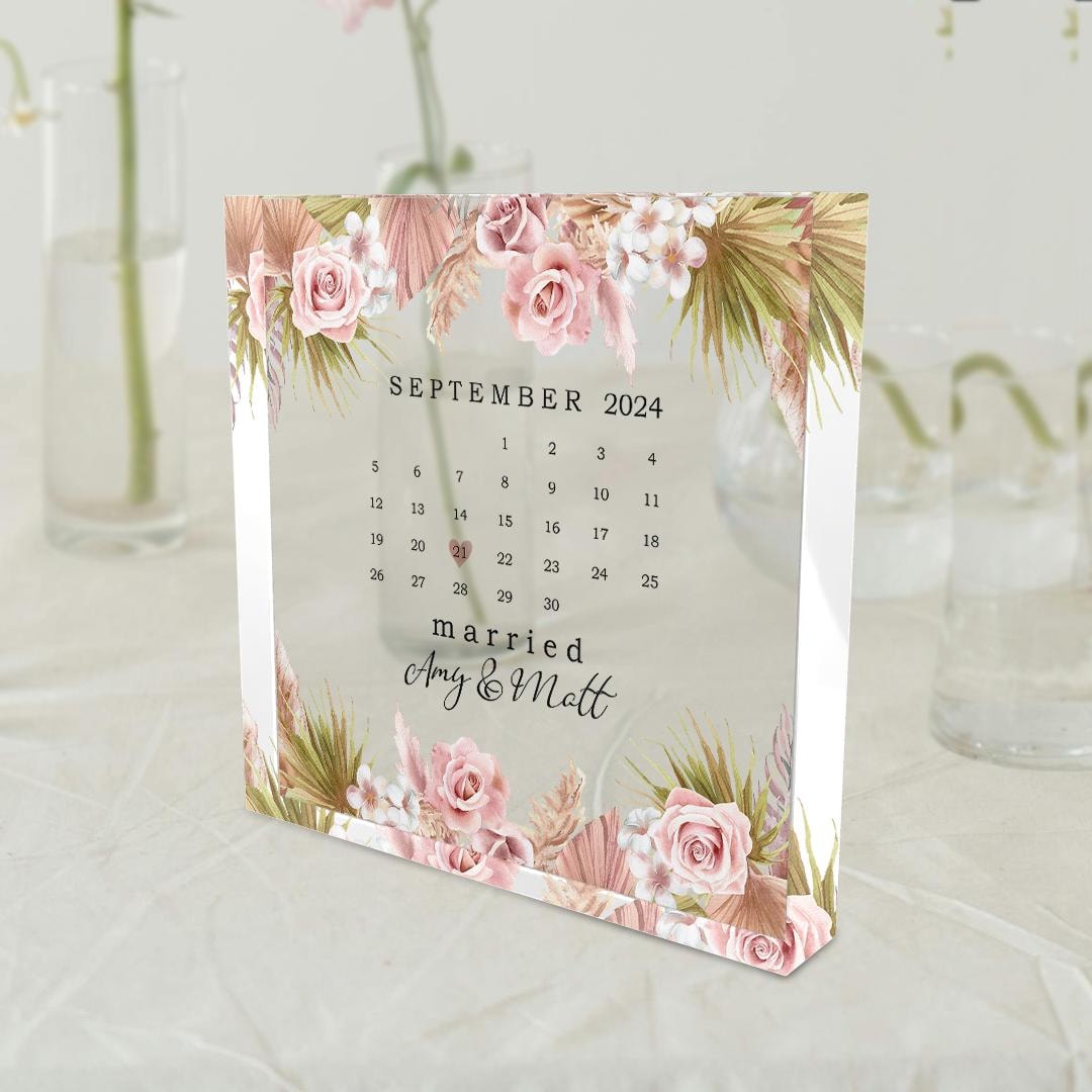 Personalized Wedding Calendar Frame With Names and Date, Unique Floral ...