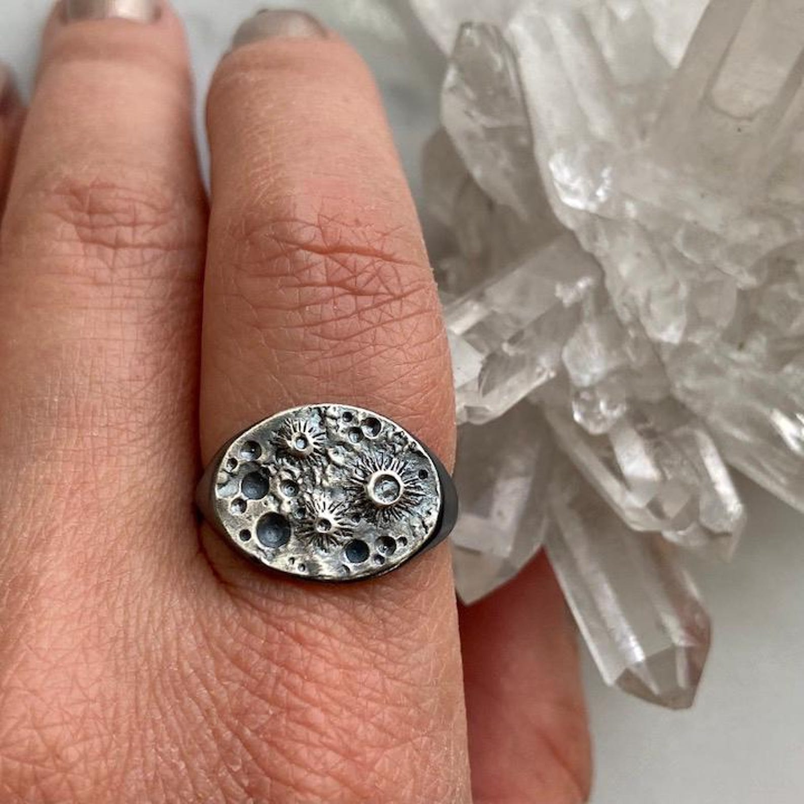 Oval Moon Signet Ring, Silver Celestial Nature Ring, Black Statement ...