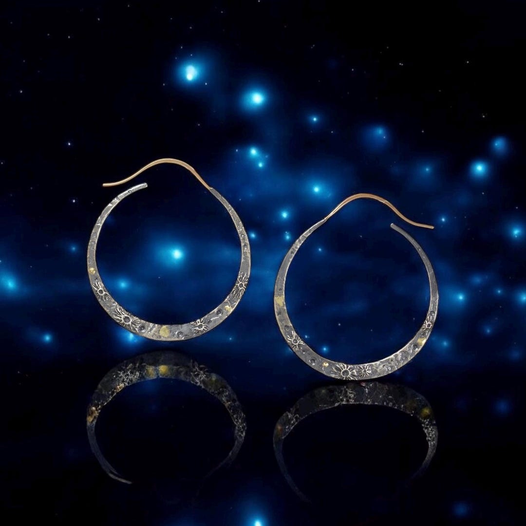 Small Crescent Moon Hoops, Silver Lunar Hoops With 18k Details - Etsy