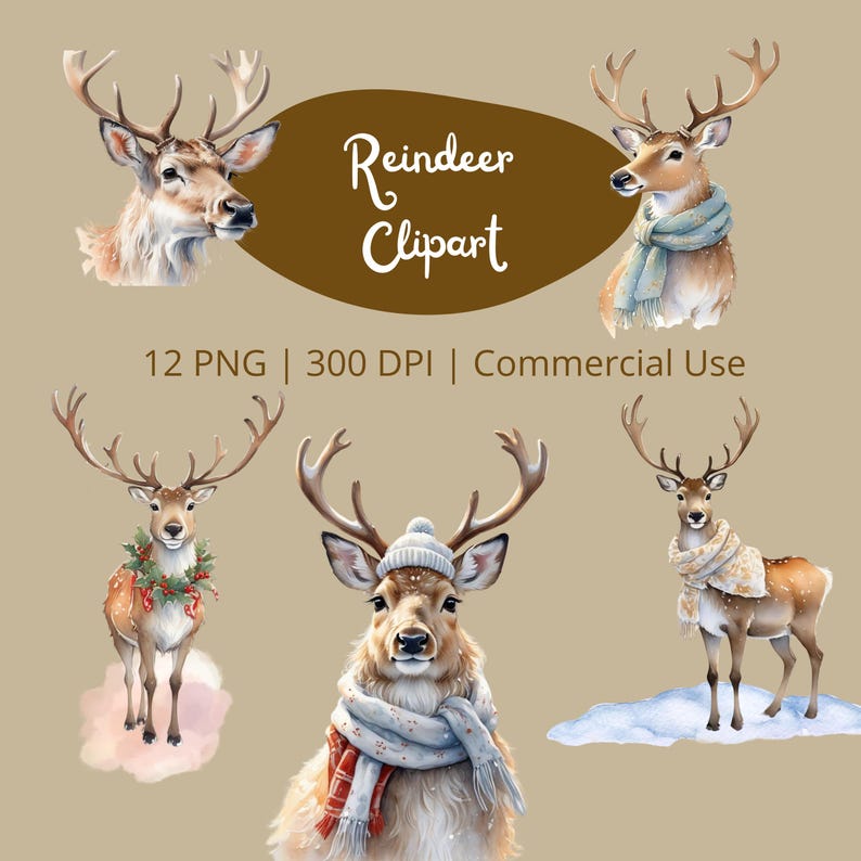12 Cute Reindeer PNG Clipart Set, Christmas Deer, Watercolor Santa ...