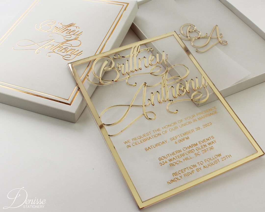 Luxury Gold Mirror Acrylic Wedding Invitation: Hot Foil Stamped, Custom ...