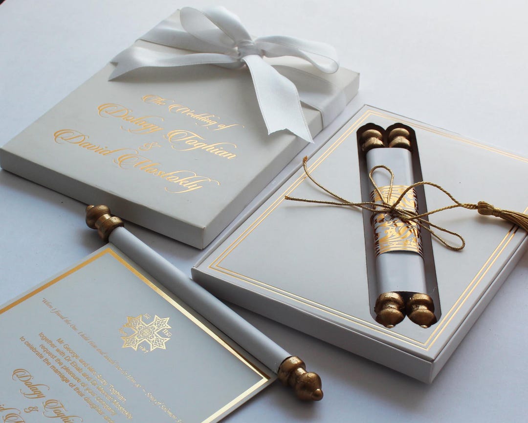 Luxury Royal Scroll Wedding Invitation With Ribbon – Gold, Rose Gold & Silver Foil, Handcrafted ...