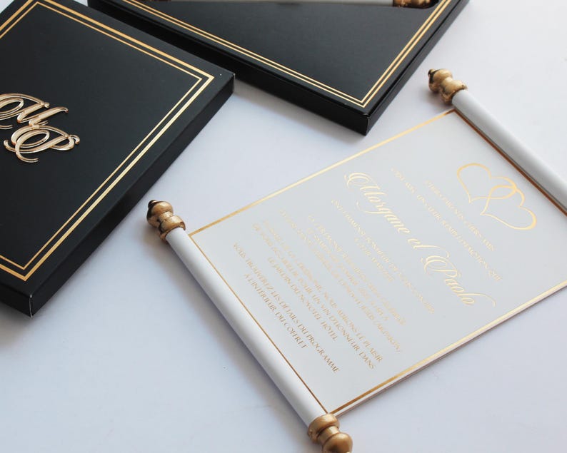Elegant Acrylic Scroll Wedding Invitation With Foil Print - Etsy