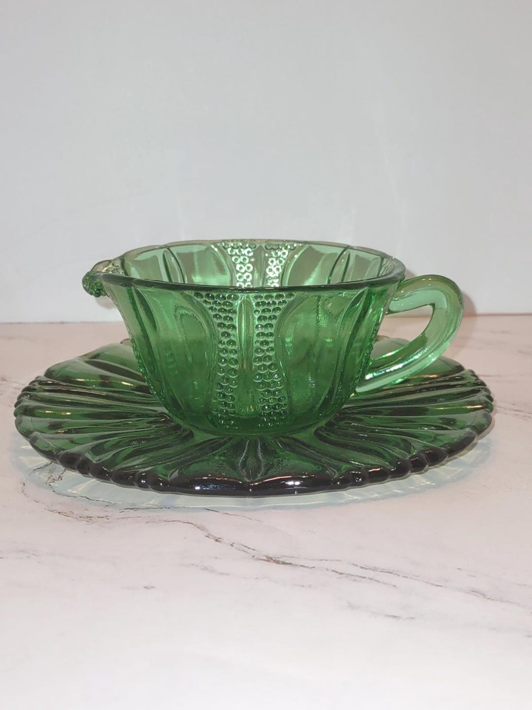 Dell Emerald Green Depression Glass Tulip Creamer and Saucer 1930's - Etsy