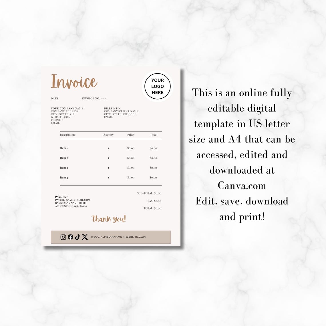 Aesthetic Invoice Template, Editable Invoice, Printable Small Business ...